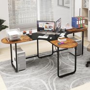 Homieasy U Shaped Gaming Desk with Power Outlet, LED Strips, 129.9'', 2 ...