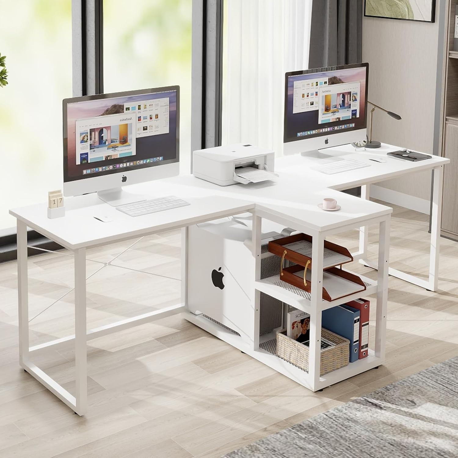 Natwind Two Person Desk with Storage Shelves, 92.5" Double Computer ...