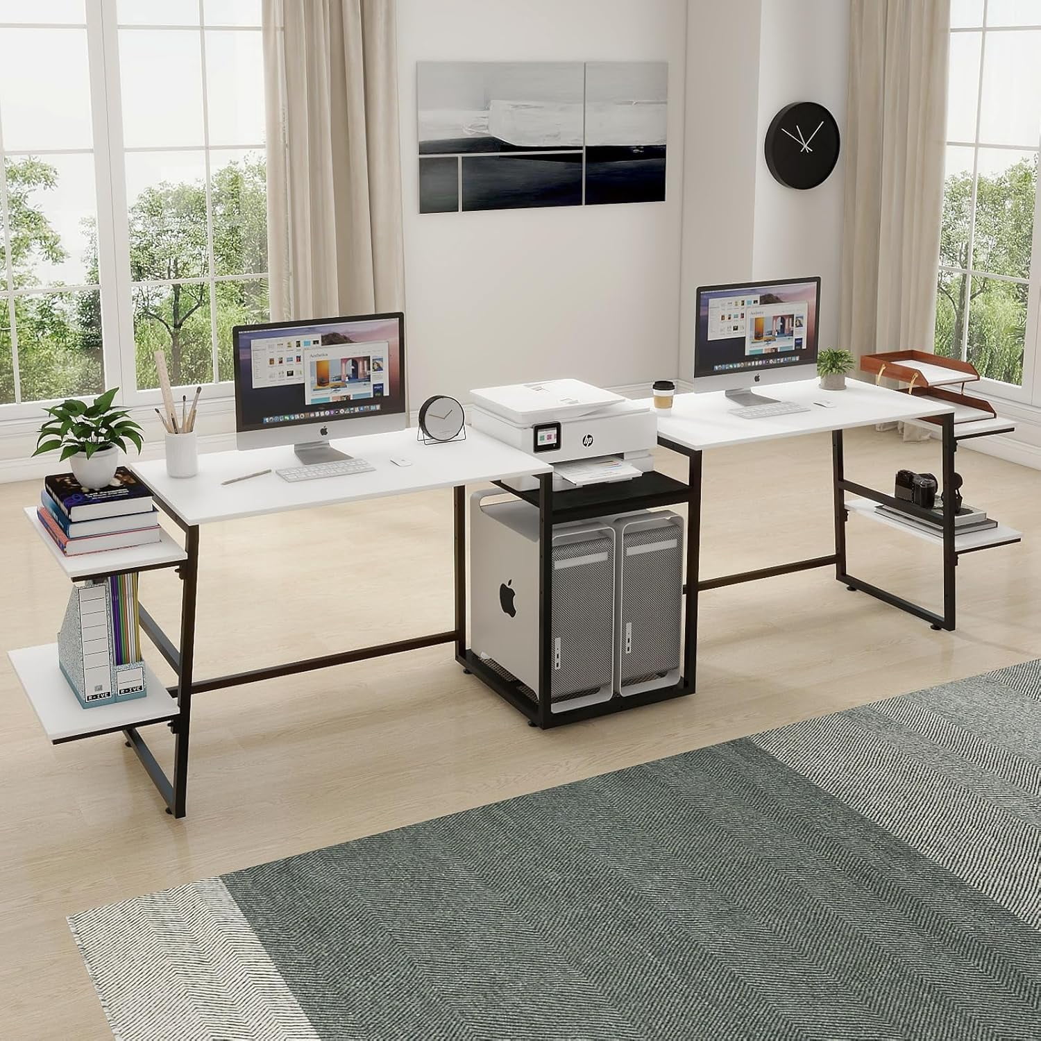 Natwind Two Person Desk with Storage Shelves, Double Desk with PC case ...