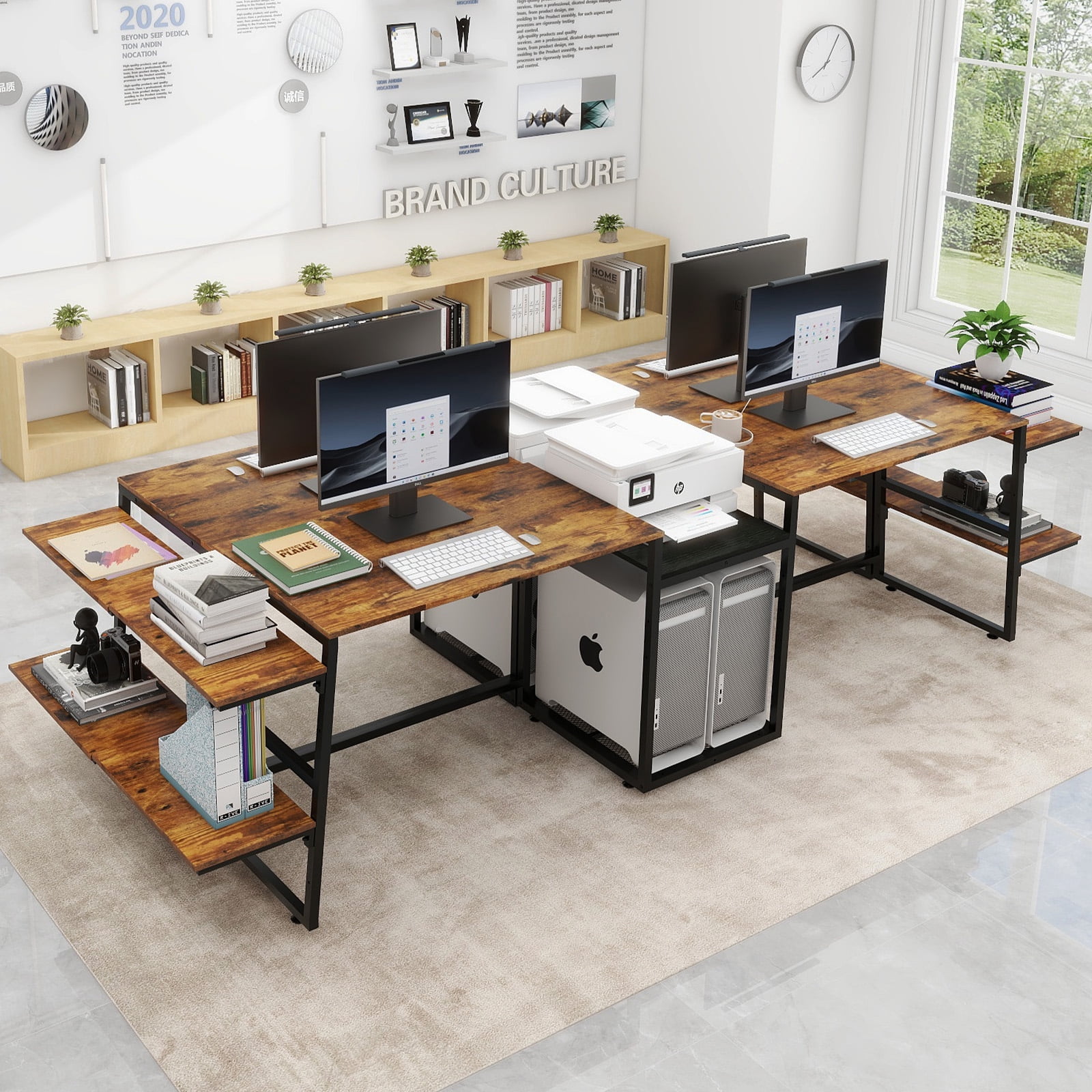 Natwind Two Person Desk with Storage Shelves, Double Desk with PC case ...