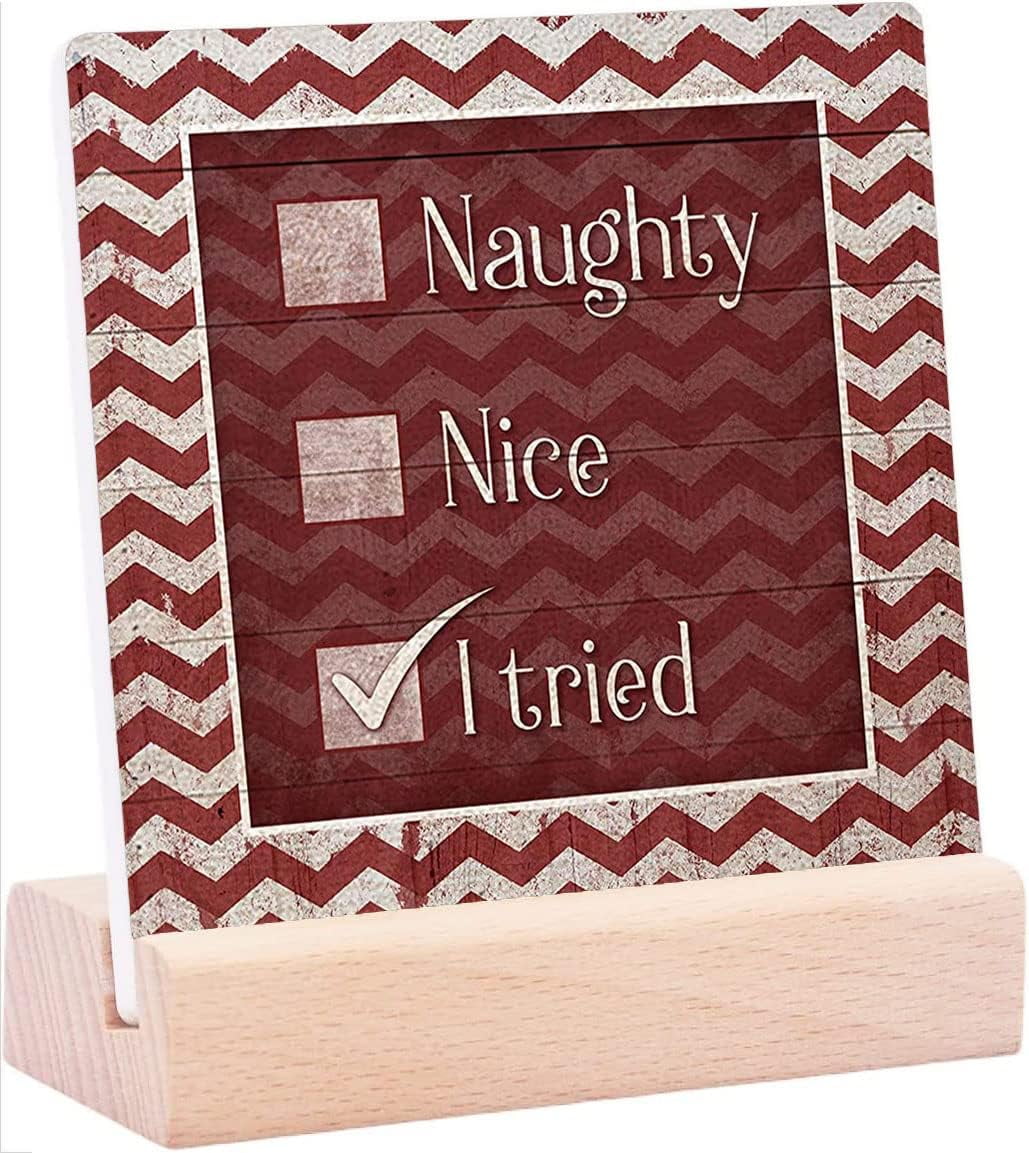 Naughty & Nice Tabletop Sign Ceramic Table Plaque with Wooden Stand ...