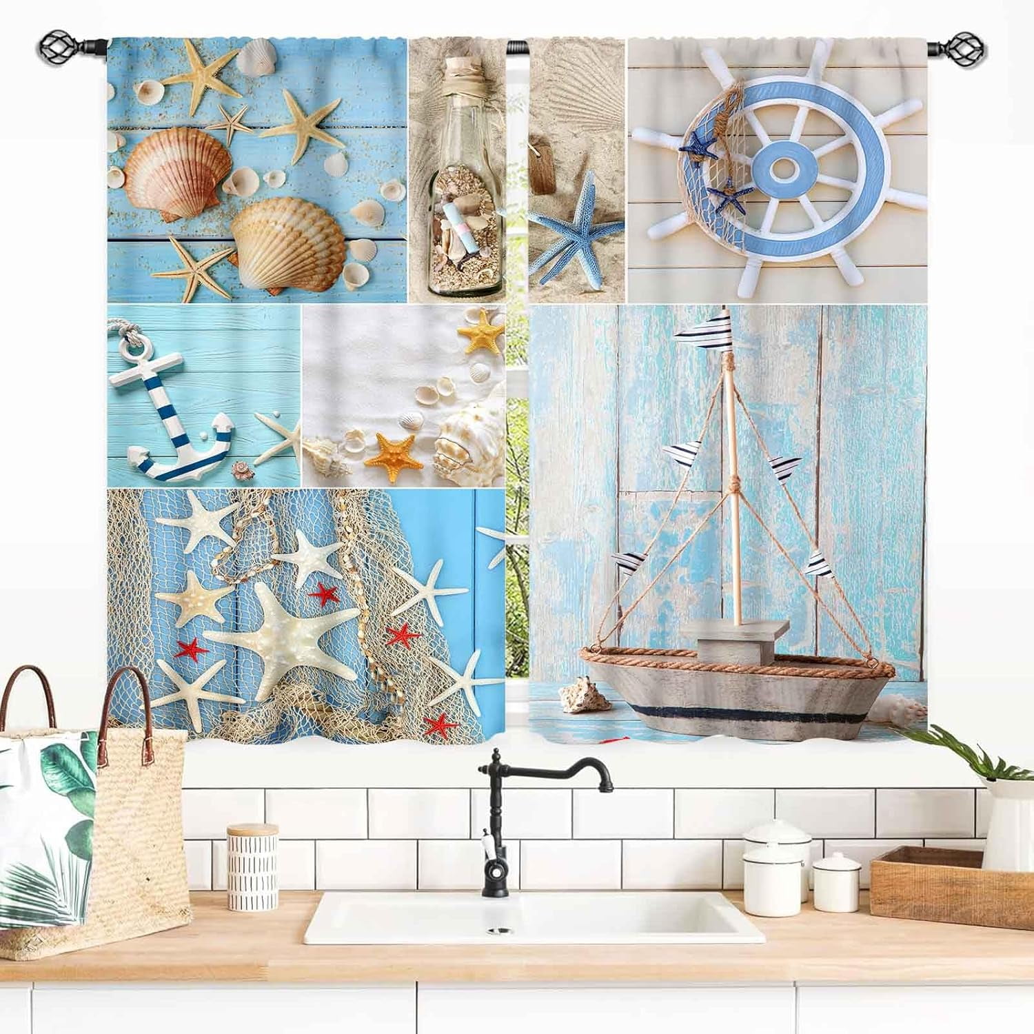 Nautcial Starifish Window Curtains, Beach Theme Coastal Seashell ...