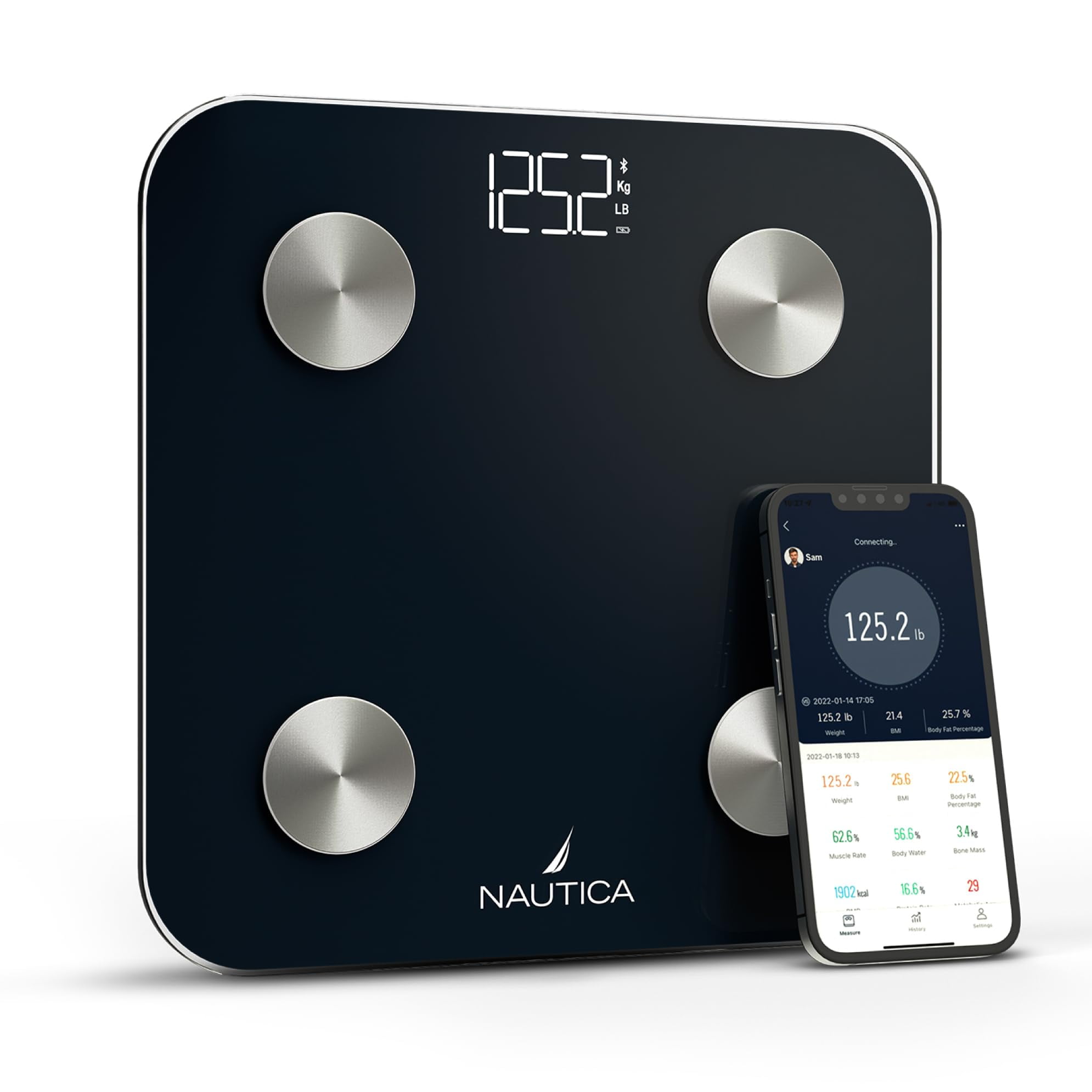 Nautica Body Tracker Digital Bathroom Scale, Bluetooth-Enabled Smart ...