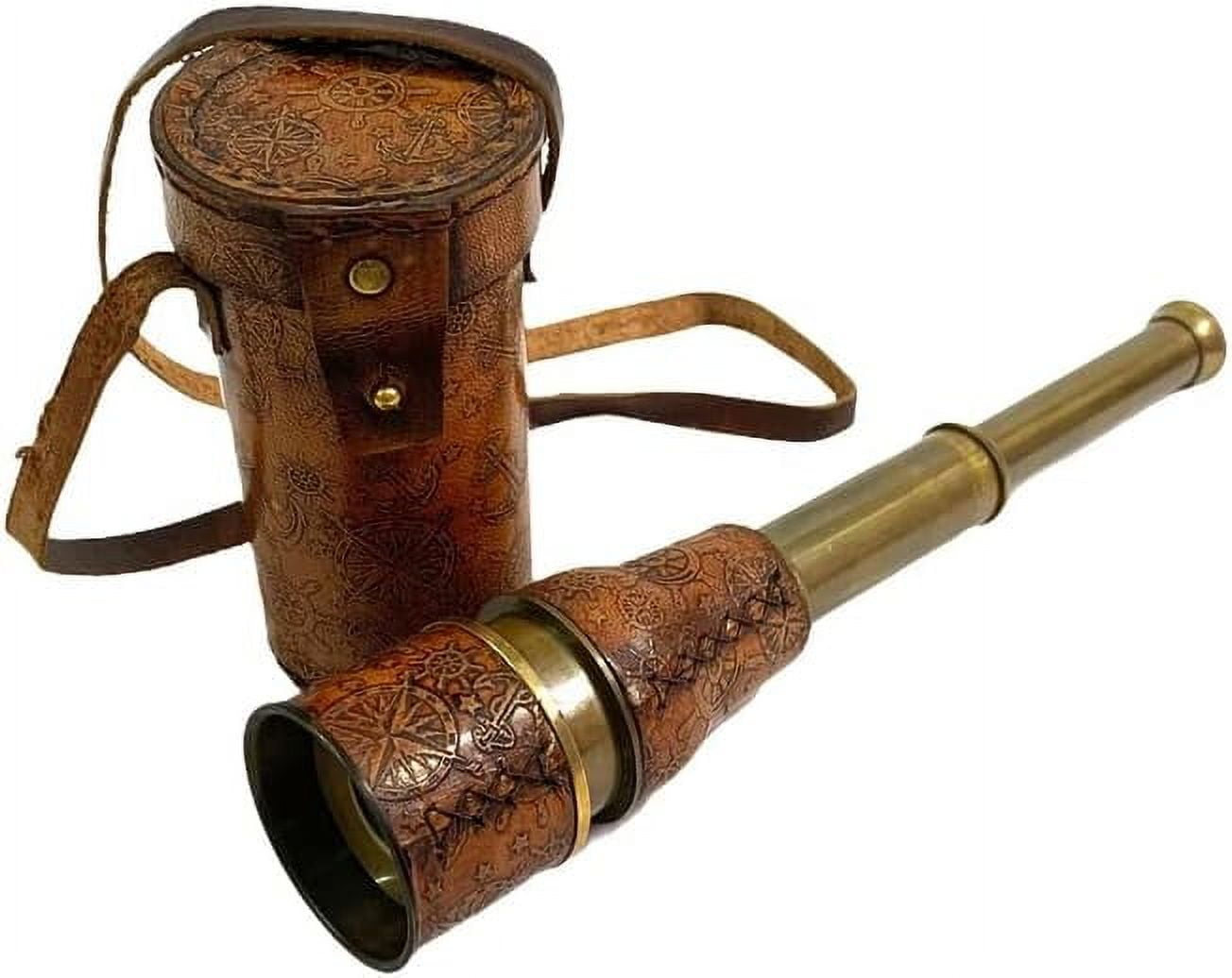 Nautica Decor Antique Nautical 10" Brass Engraved Leather Telescope ...