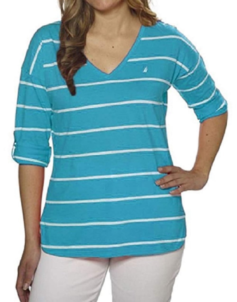 Nautica Ladies' V-Neck Roll-Tab Tee - Scuba Blue/White Stripes (Small ...