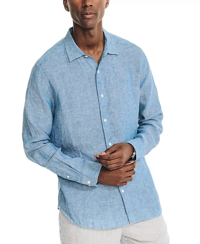Nautica Men's Classic-Fit Button-Up Solid Linen Shirt Snorkel Blue ...