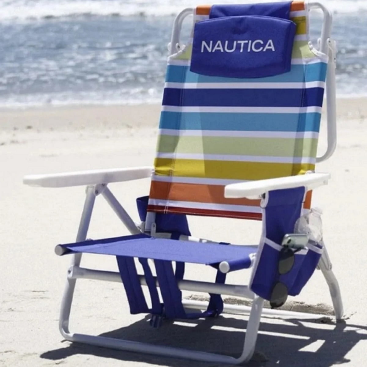 Nautica Portable Beach Chair, Rainbow Stripe, Double Cup Holder, Padded ...