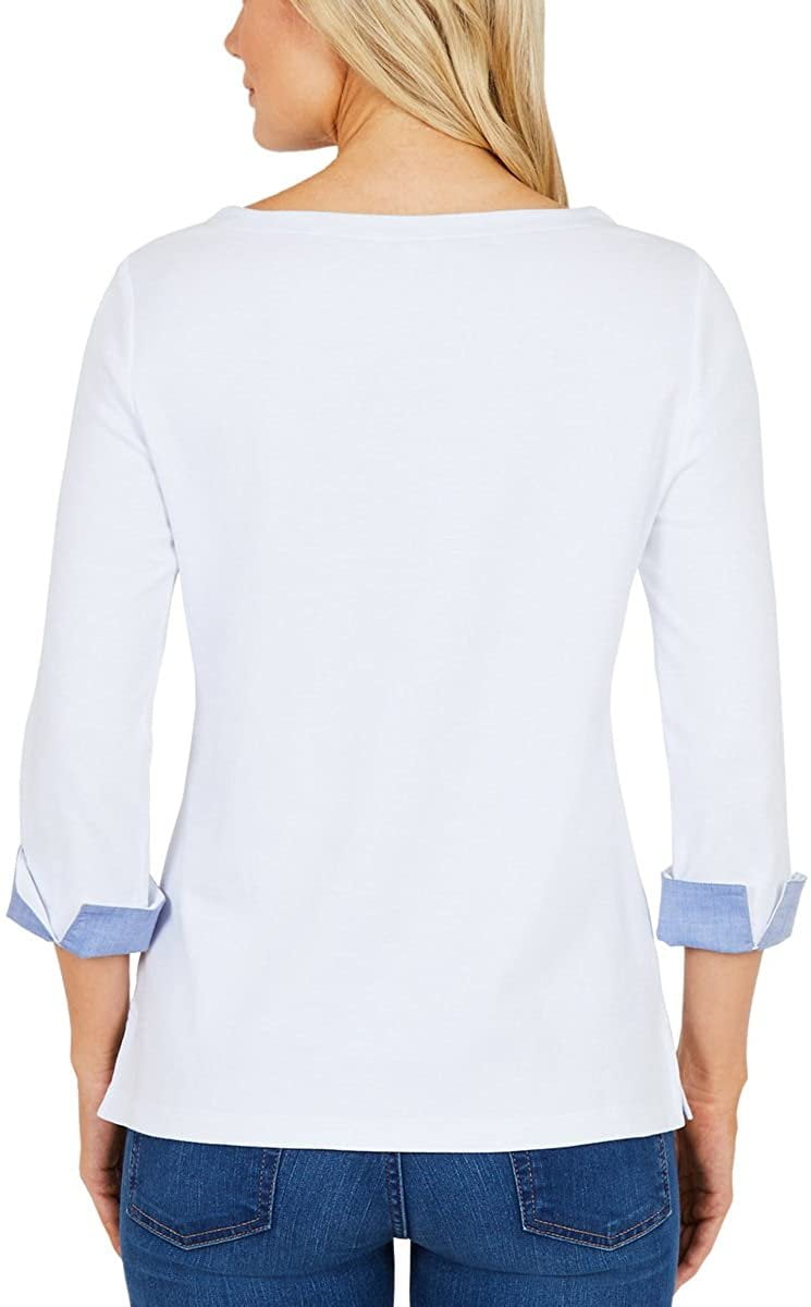 Nautica Womens Chambray Casual Cuff TOP 3/4 Sleeve TOP! Bright White ...