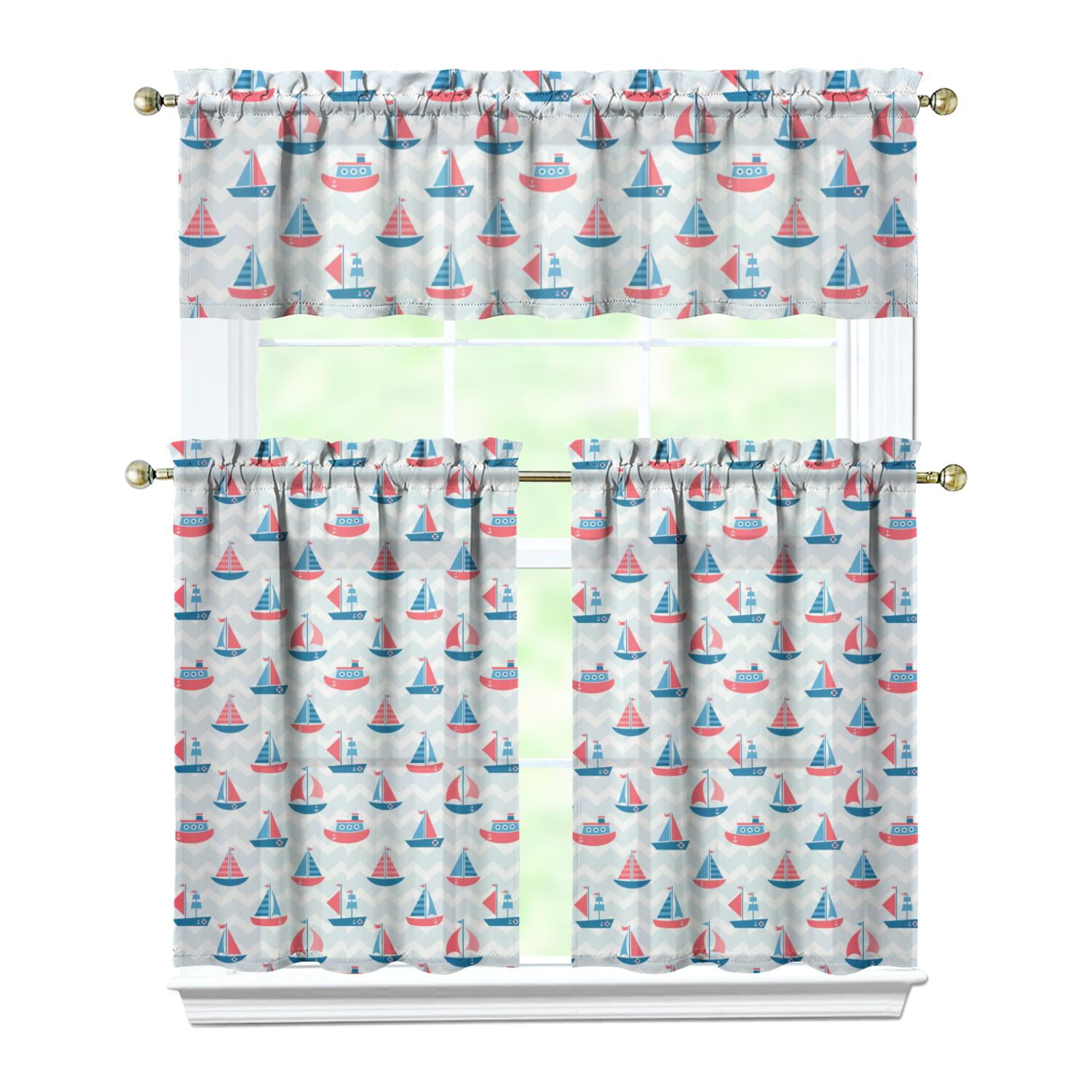 Nautical 3-Piece Kitchen Curtains Set with Valance - Coastal Anchor ...