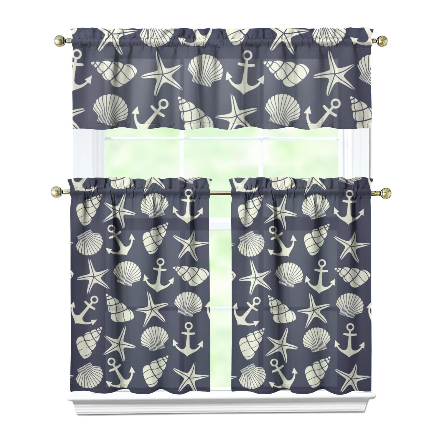 Nautical 3-Piece Kitchen Curtains Set with Valance - Coastal Anchor ...