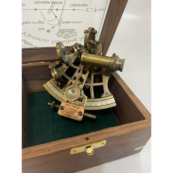 Nautical 5" Solid Brass J Scott London Sextant With Wooden Box - Marine Ship Astrolabe Model ...