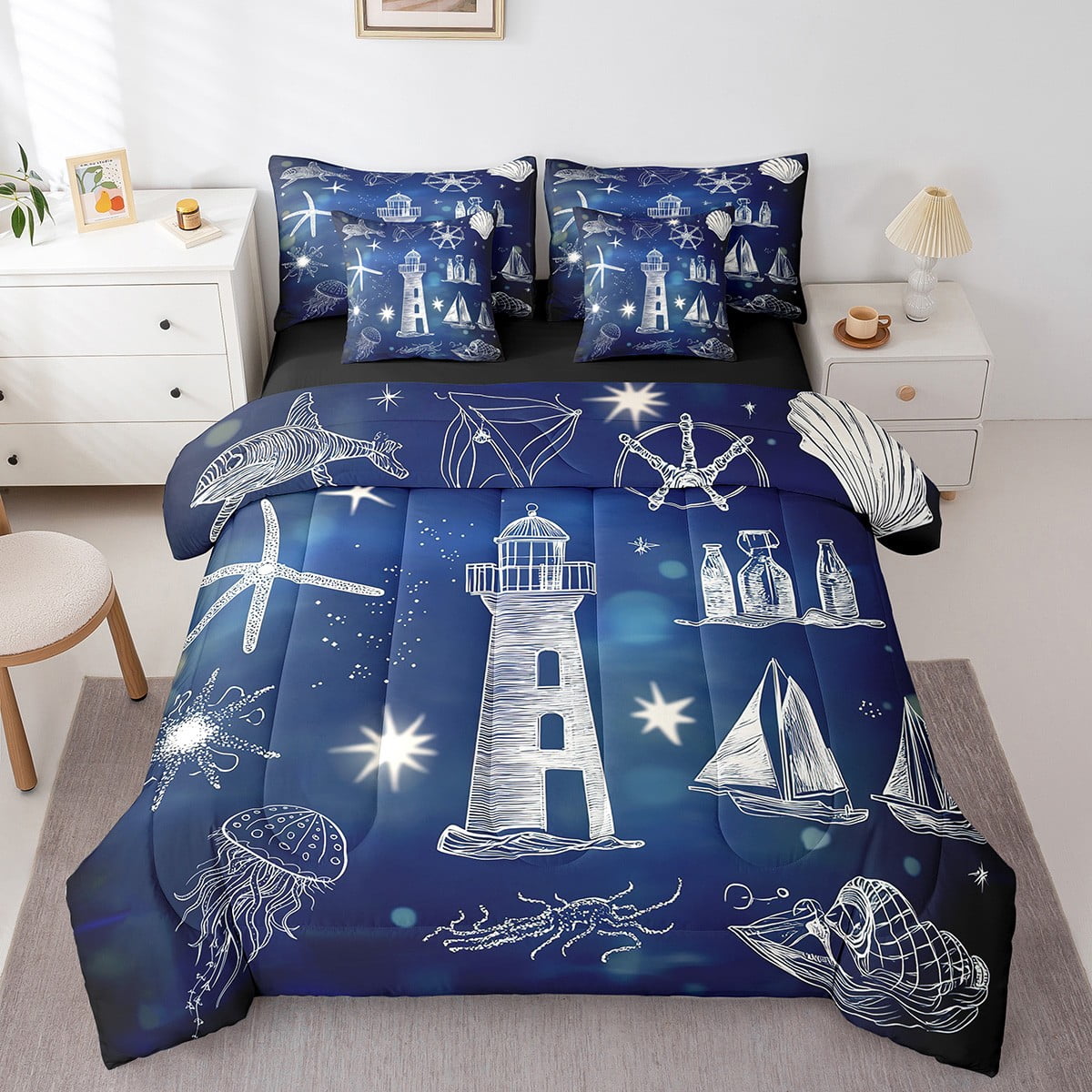 Nautical 7 Piece Comforter Set Full Bed in a Bag Vintage Lighthouse ...
