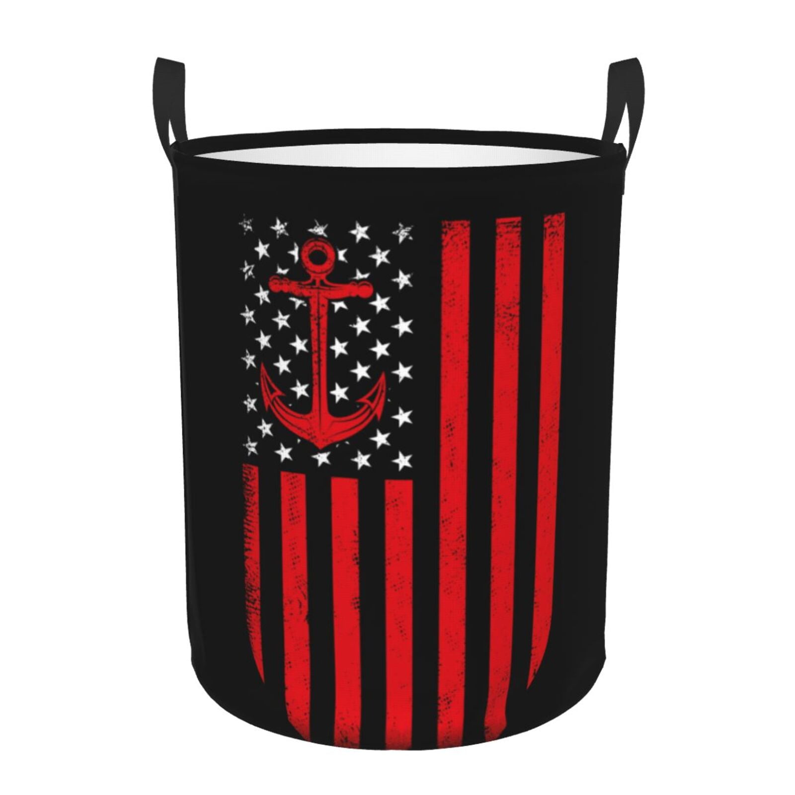 Nautical American Flag Round Laundry Basket, Laundry Hamper with Handle ...