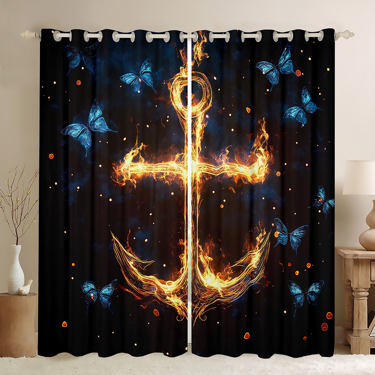 Nautical Anchor 30%-50% Blackout Curtains,Fire Sailboat Navy Curtains,Golden Blue Butterfly ...