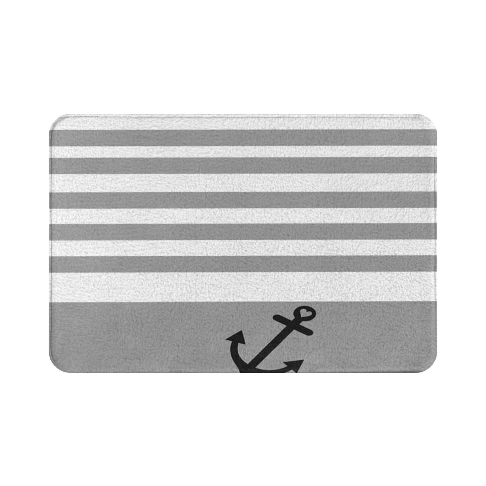Nautical Anchor Bath Mat Navy Blue Anchor Gray White Geometric Stripe ...