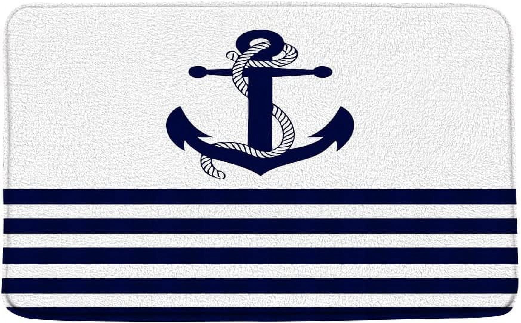Nautical Anchor Bath Mat Navy Blue White Geometric Stripe Rope Vintage ...