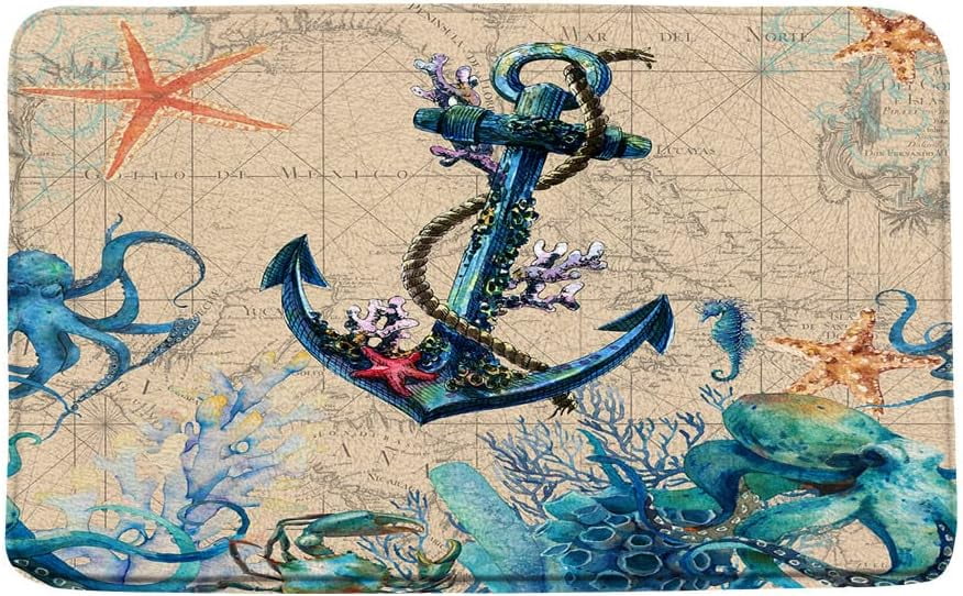 Nautical Anchor Bath Mat Vintage Antique Map Ocean Animal Octopus ...