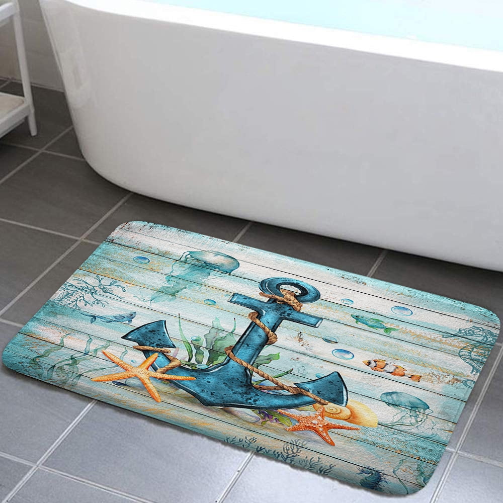 Nautical Anchor Bath Rugs for Bathroom, Beach Coastal Rustic Wooden ...