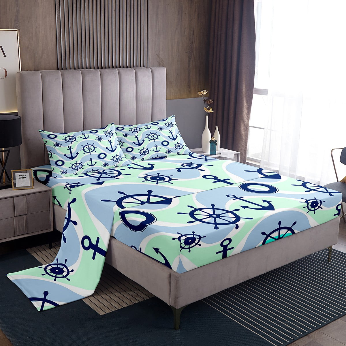 Nautical Anchor Bed Sheets Set Queen, Blue And Green Geometric Striped ...