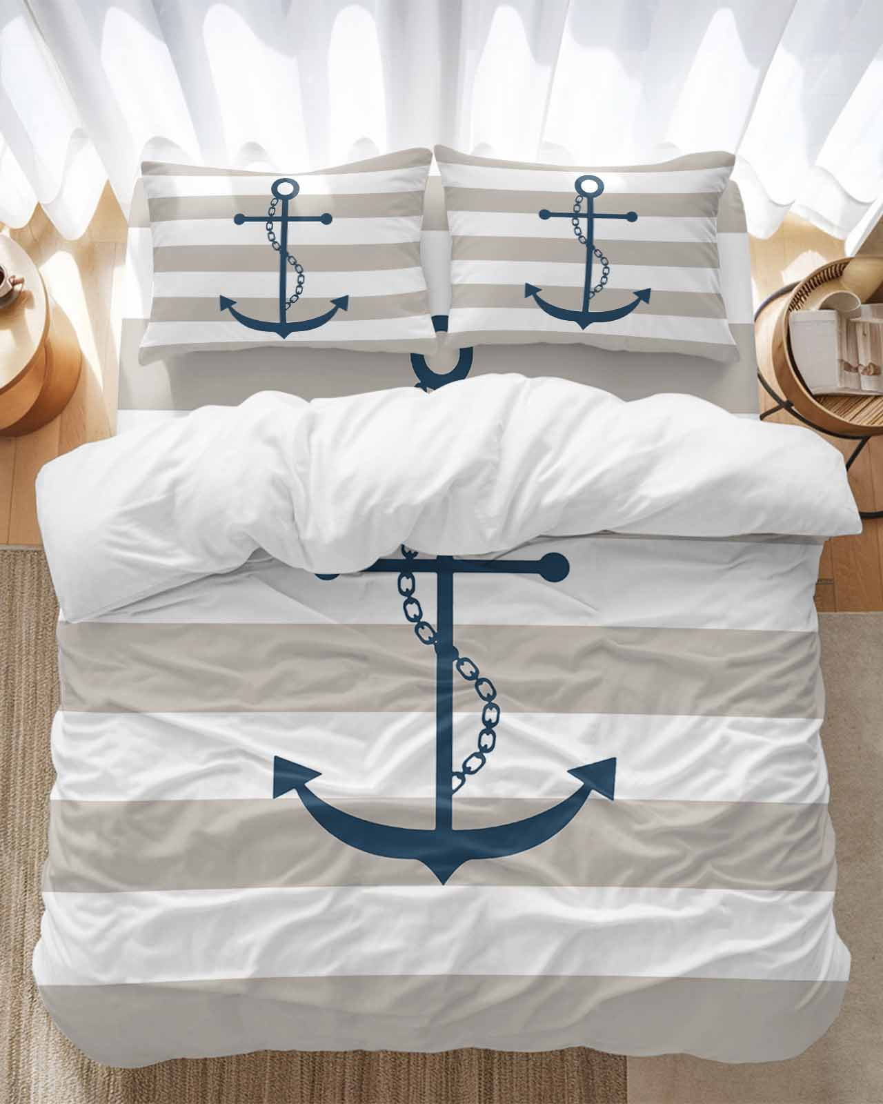 Nautical Anchor Bedding Duvet Cover Set Queen Size 4 Pieces Beige and ...
