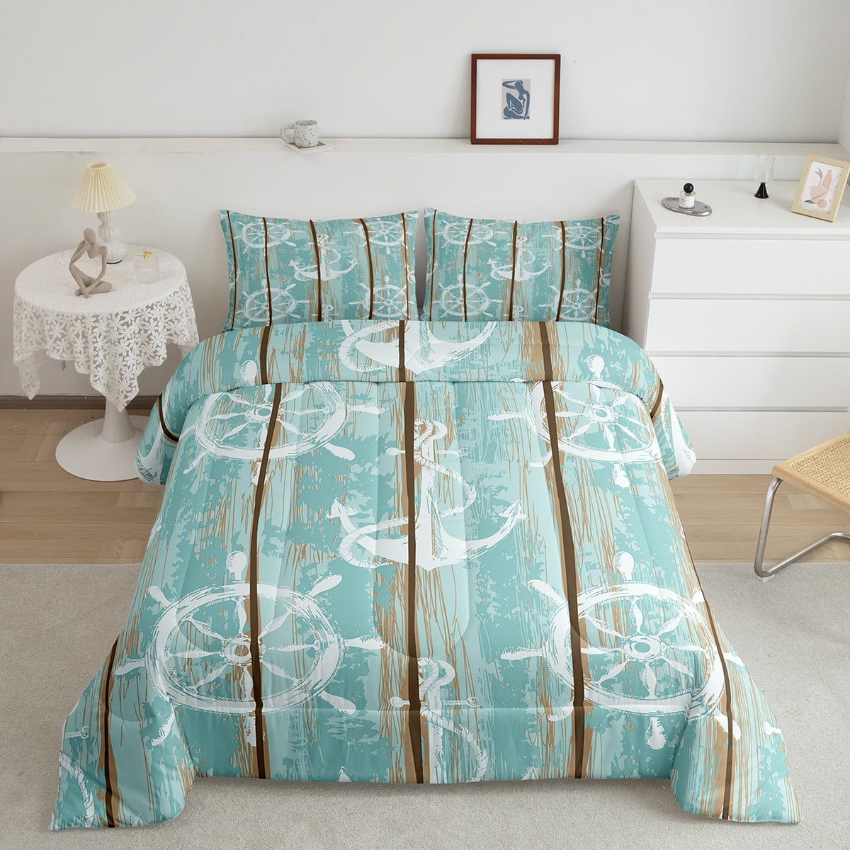 Nautical Anchor Bedding Set King Size, Rustic Farmhouse Style Comforter ...