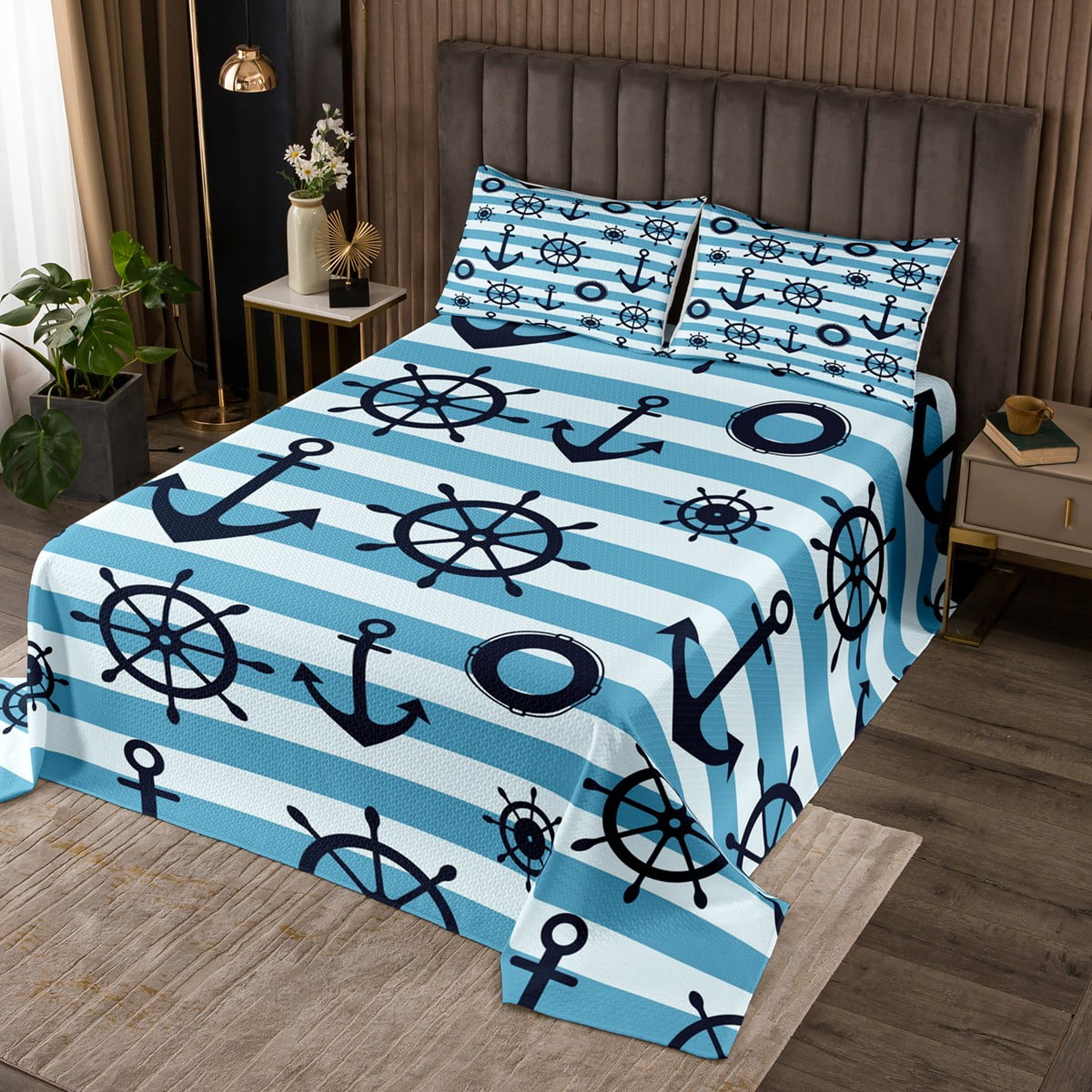 Nautical Anchor Bedspread Set King, Navy Blue And White Stripes Quilt ...