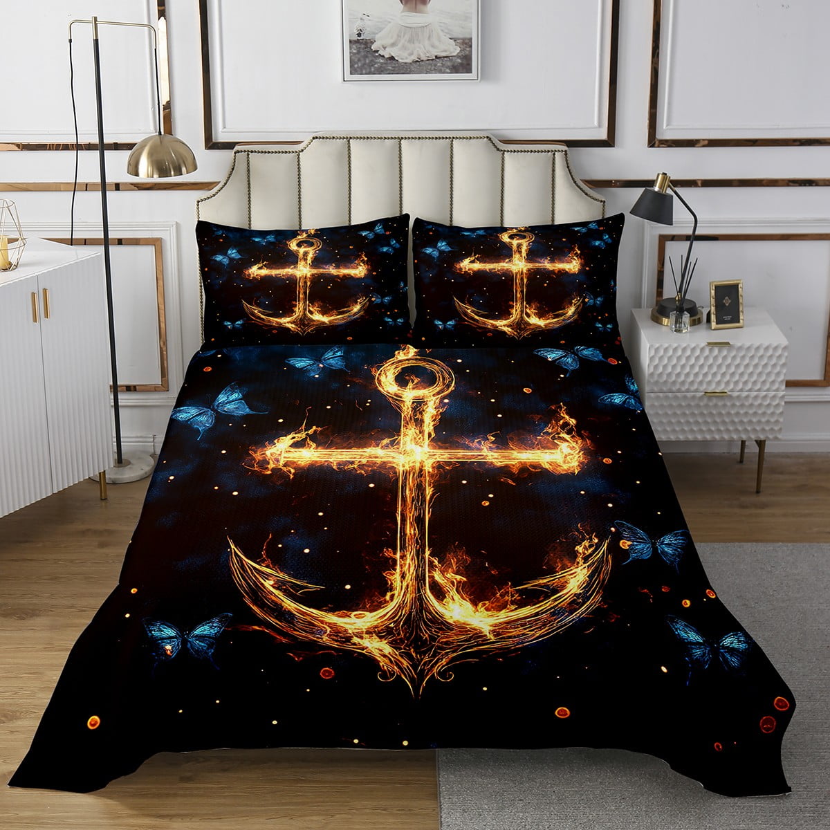 Nautical Anchor Bedspread Set Twin Size,Fire Sailboat Navy Quilt Set ...