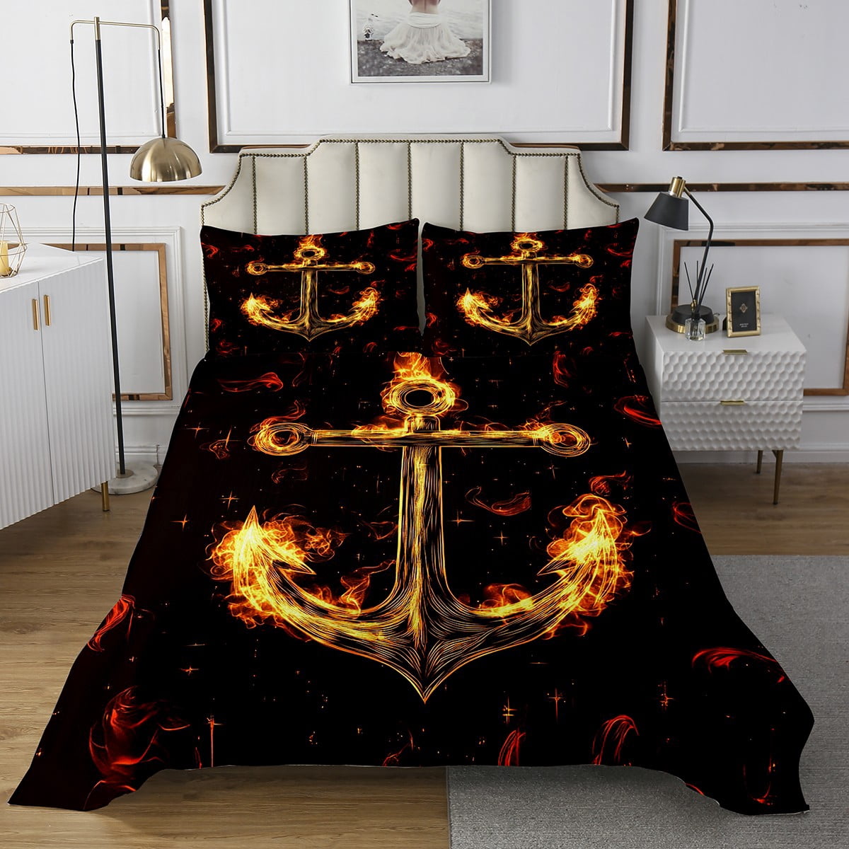 Nautical Anchor Bedspread Set Twin Size,Fire Sailboat Navy Quilt Set ...