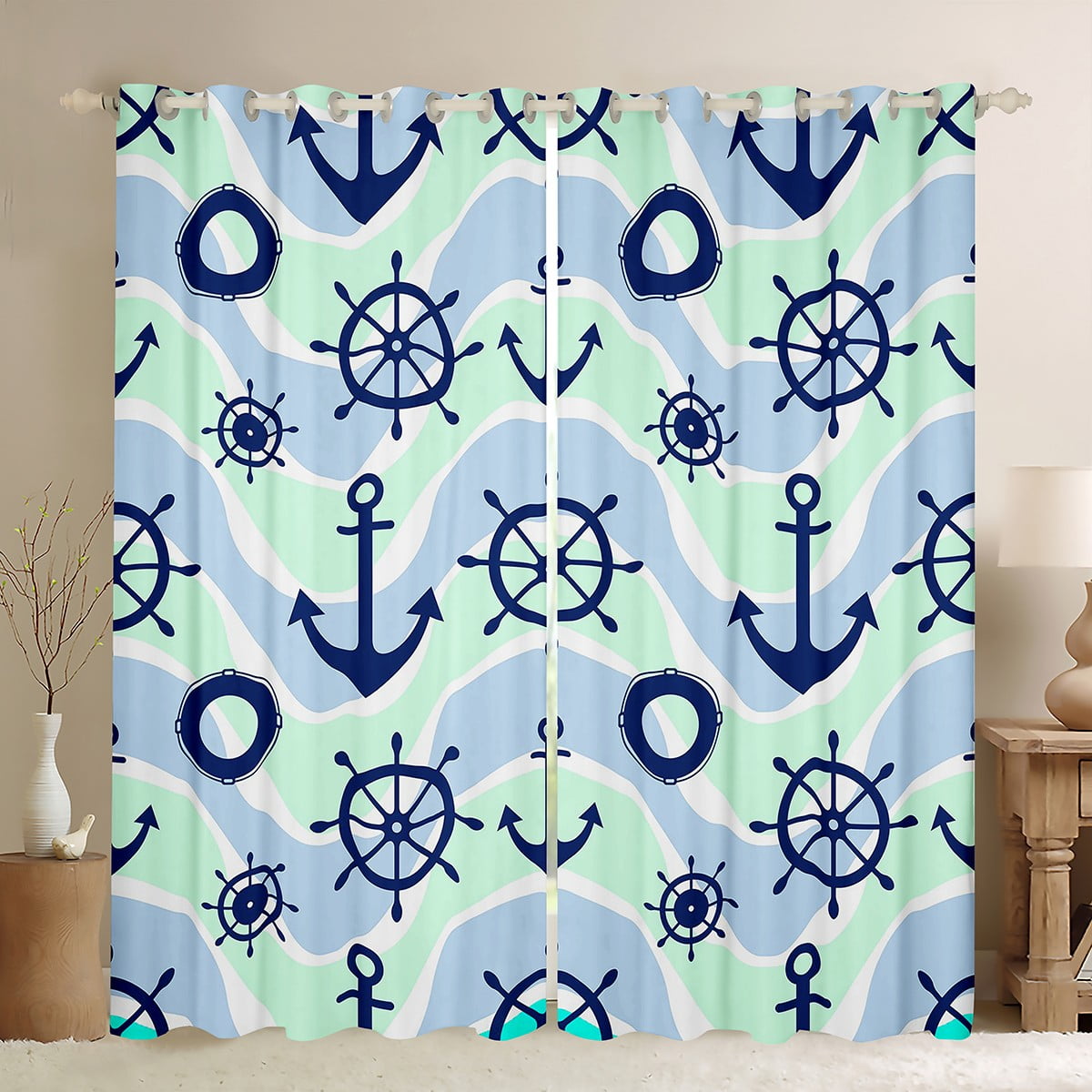 Nautical Anchor Blackout Curtains, Blue And Green Geometric Striped ...