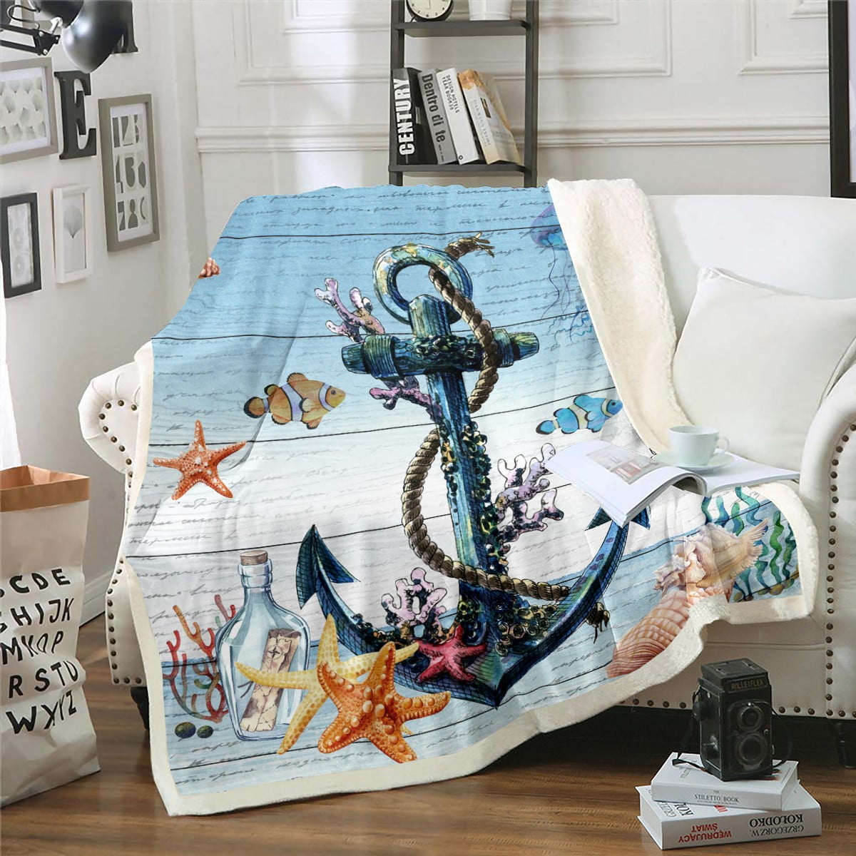 Nautical Anchor Blanket Ocean Themed Throw Blanket for Bed, Starfish ...