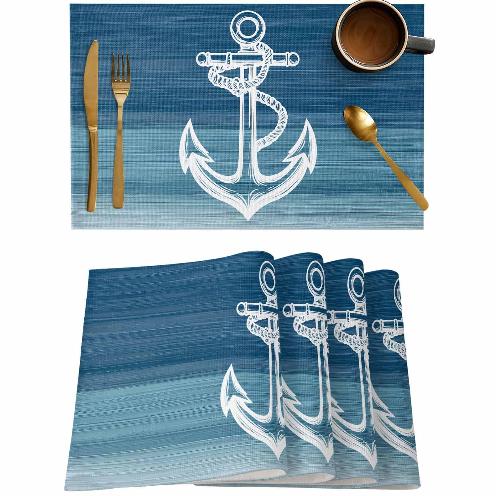 Nautical Anchor Blue Gradient Placemats Set of 4,Wipeable Washable ...