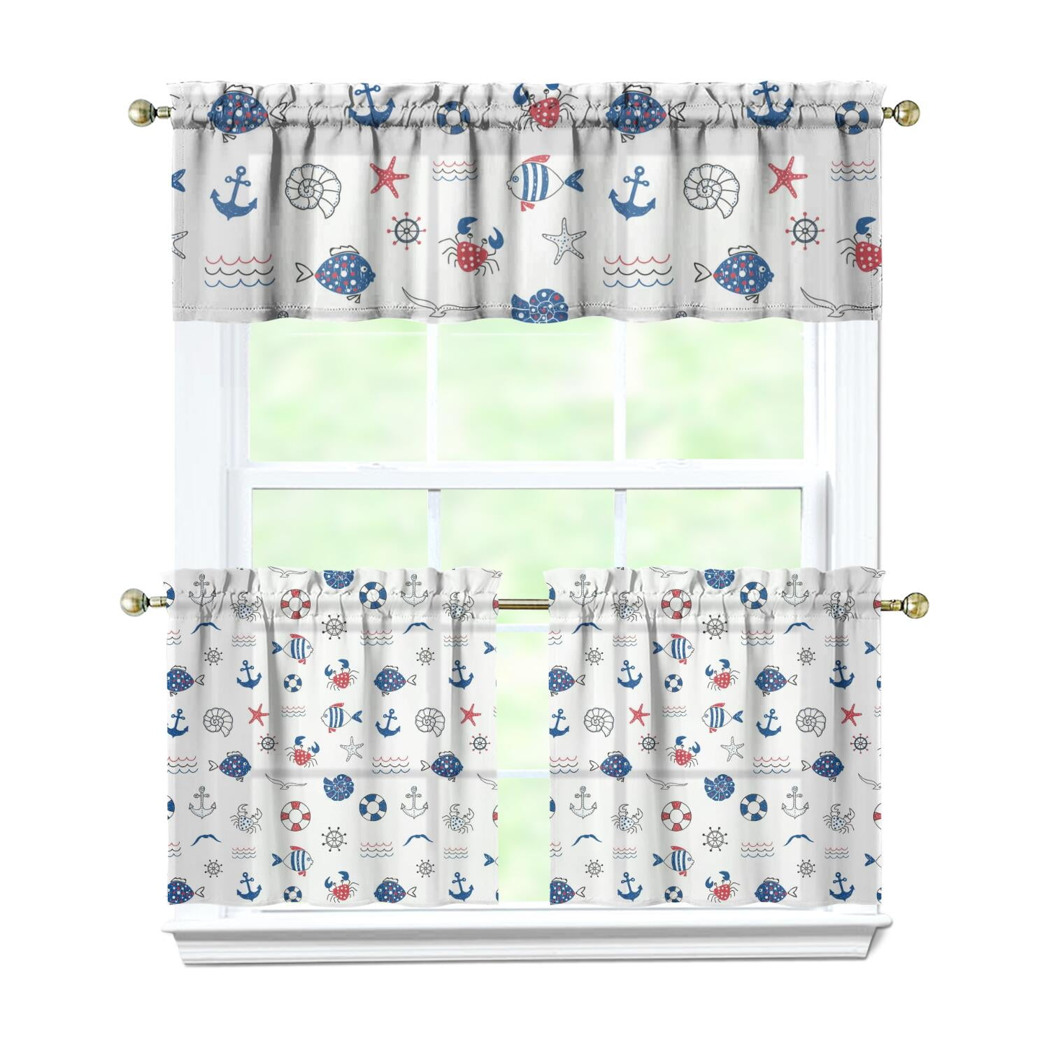 Nautical Anchor & Boat Curtains 3-Piece Set - Coastal Marine Wave ...