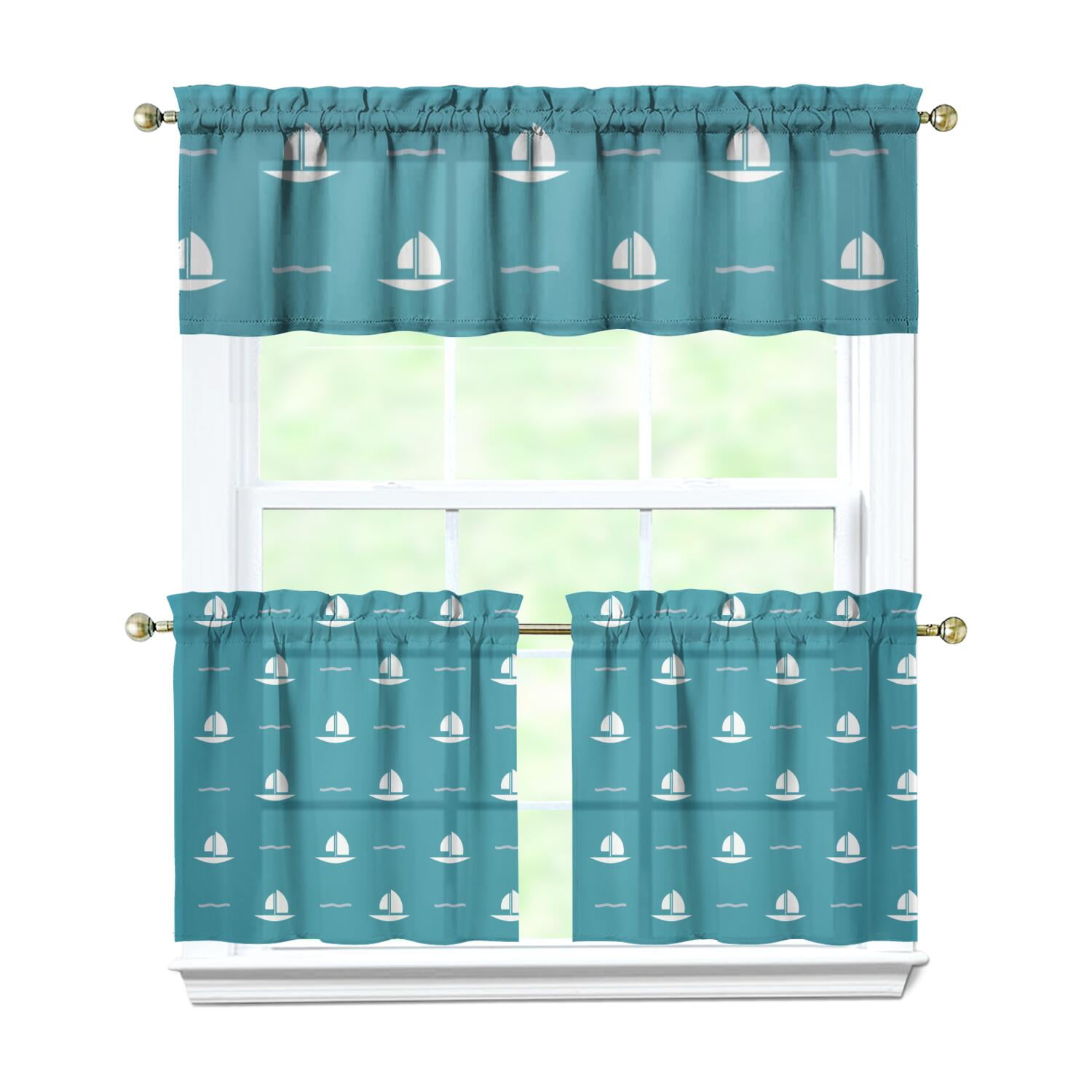 Nautical Anchor & Boat Curtains 3-Piece Set - Coastal Marine Wave ...