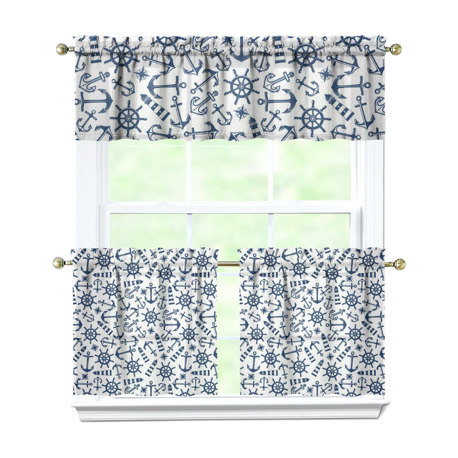 Nautical Anchor & Boat Curtains 3-Piece Set - Coastal Marine Wave ...