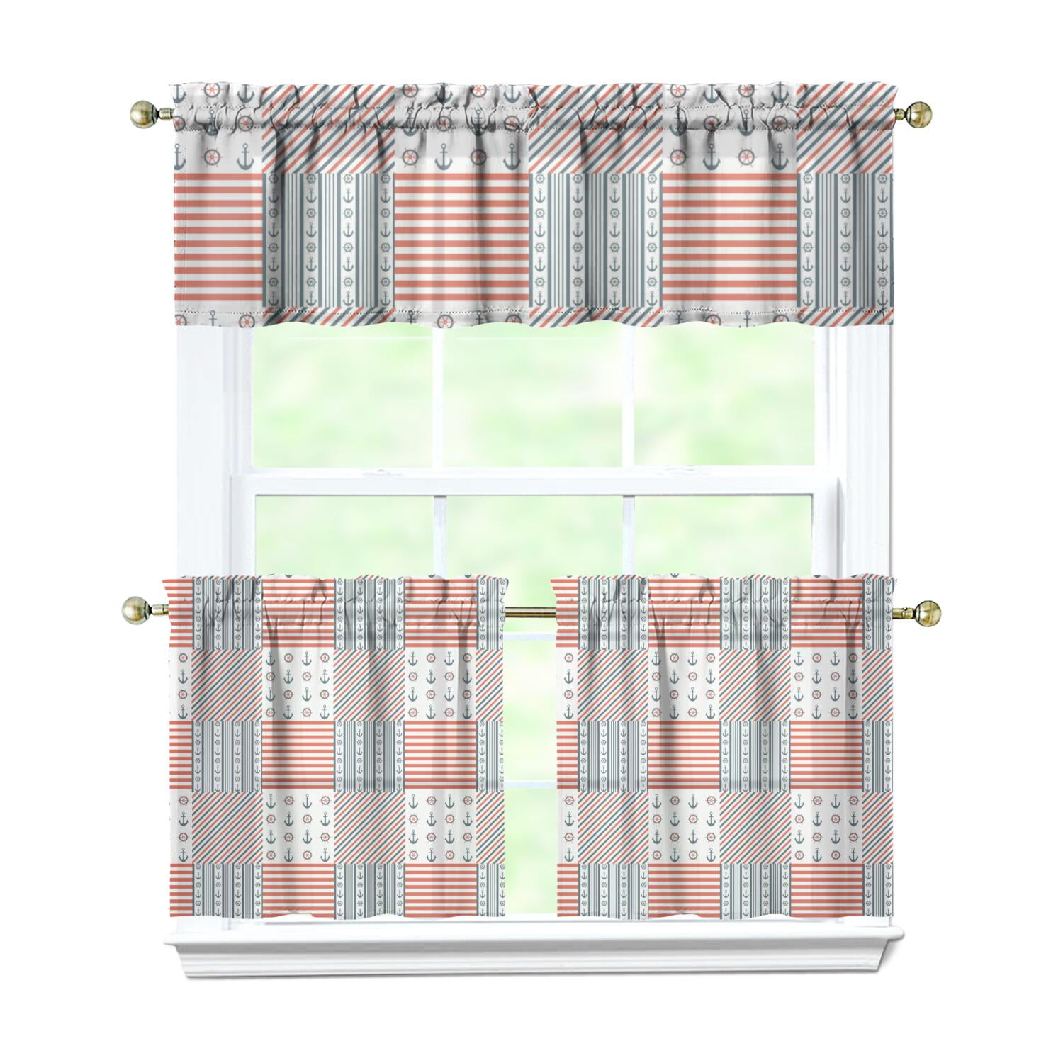 Nautical Anchor & Boat Curtains 3-Piece Set - Coastal Marine Wave ...