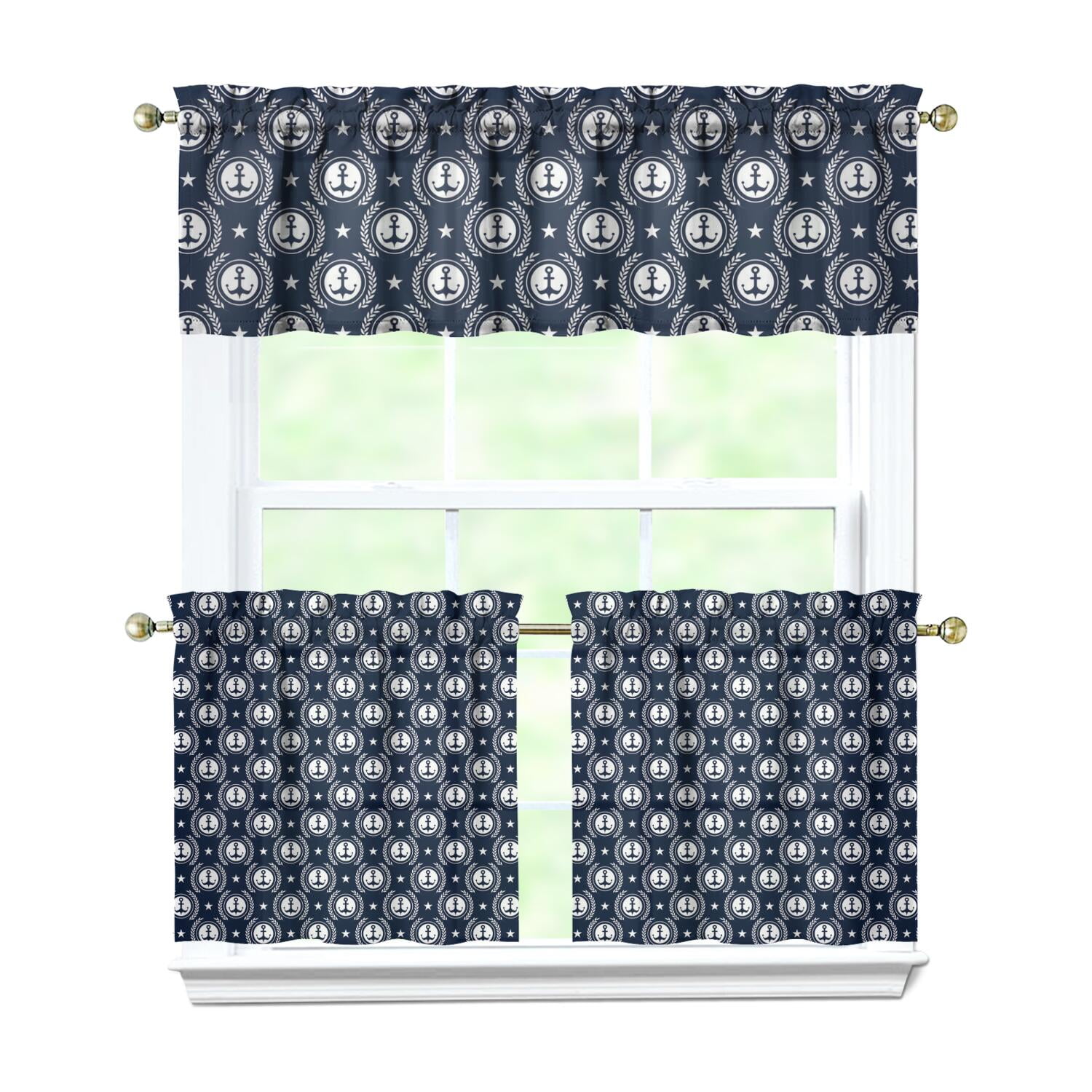 Nautical Anchor & Boat Curtains 3-Piece Set - Coastal Marine Wave ...