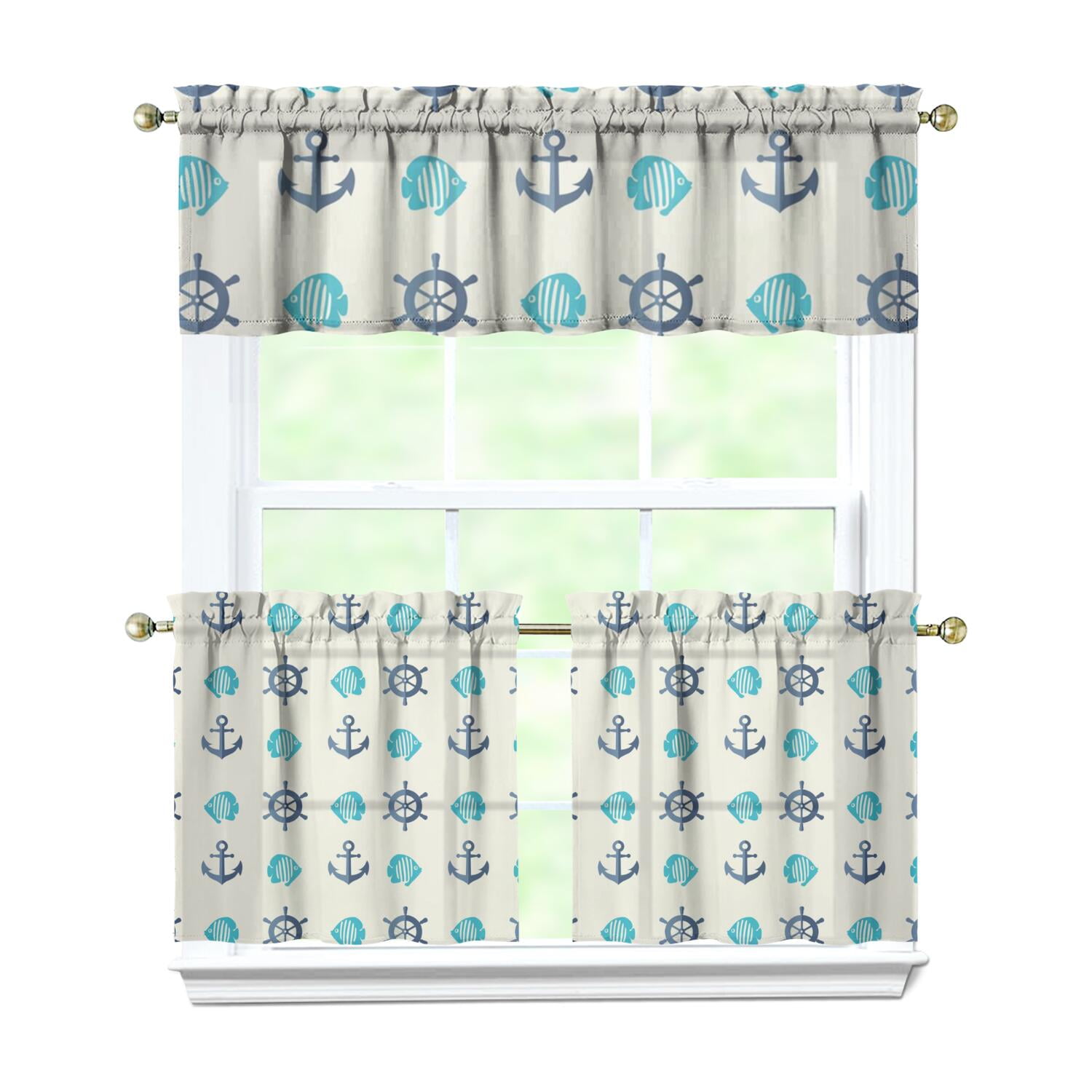Nautical Anchor & Boat Curtains 3-Piece Set - Coastal Marine Wave ...