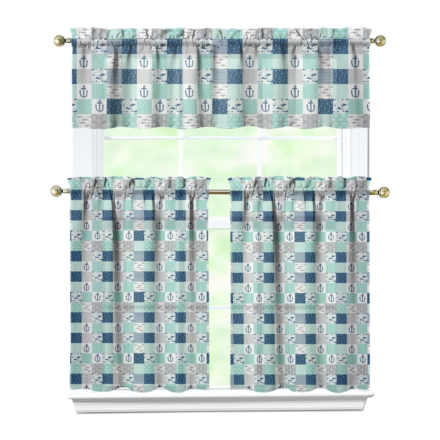 Nautical Anchor Boat Curtains Set of 3 - Coastal Seaside Tier & Valance ...