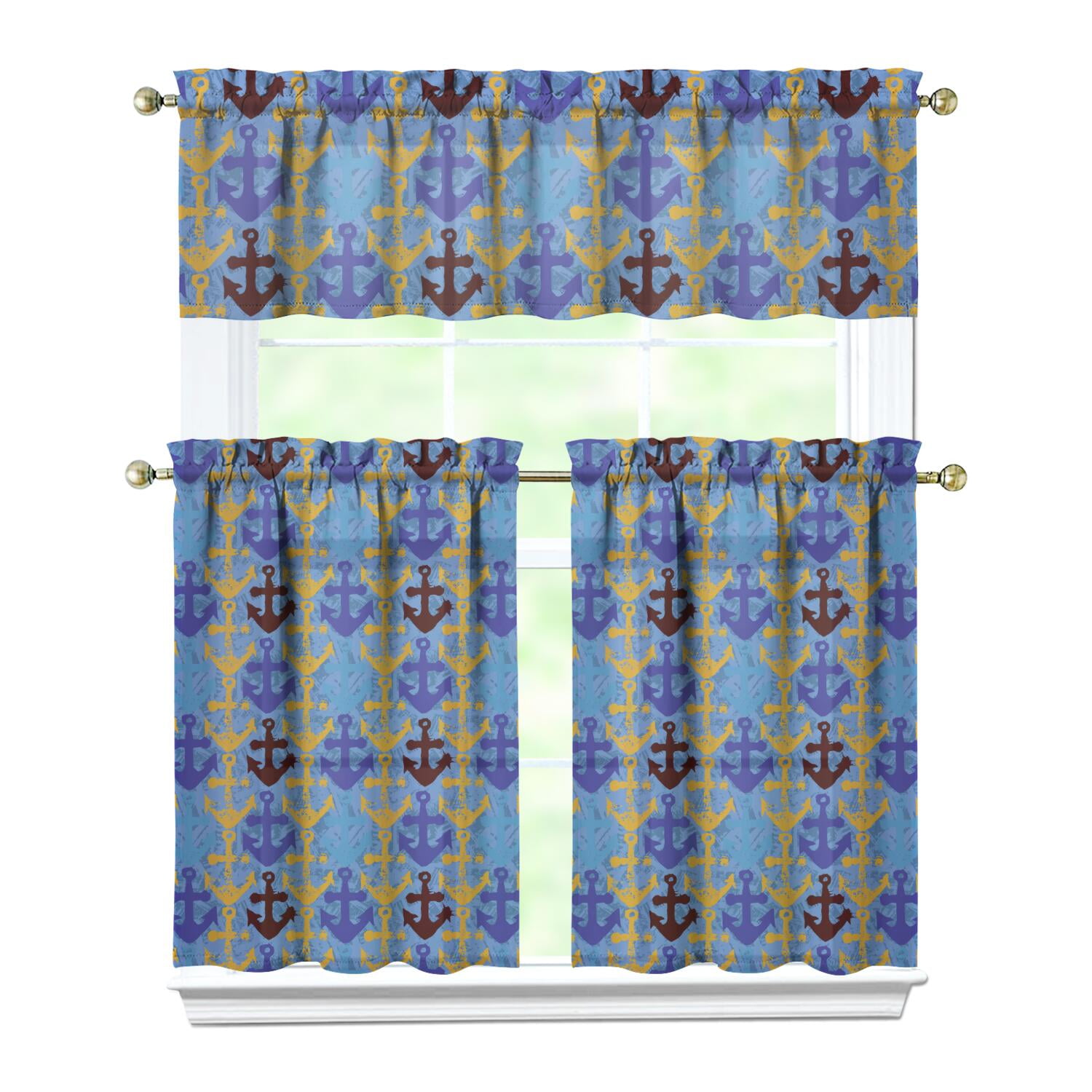 Nautical Anchor & Boat Tier Curtains Set - 3-PC Navy Blue Coastal Theme ...