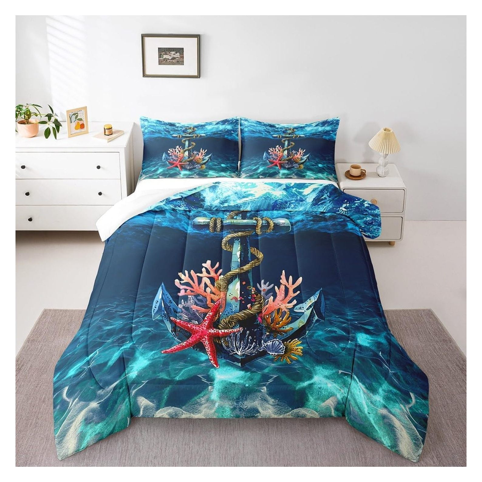 Nautical Anchor Boys Girls Comforter Set Full Size,Undersea Light Water ...