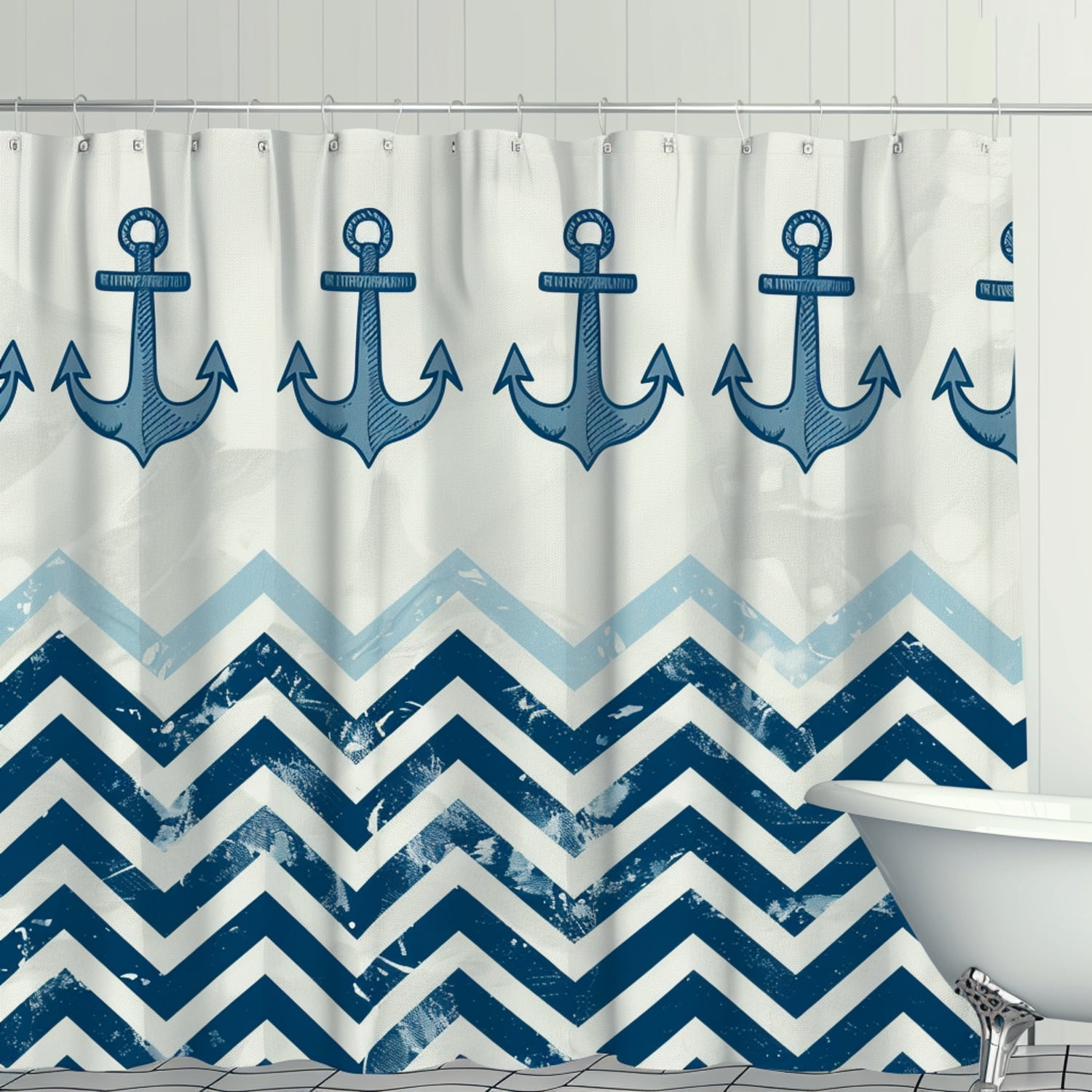 Nautical Anchor Chevron Seamless Pattern Retro Style Bathroom Curtain in Nautic Blue Color ...