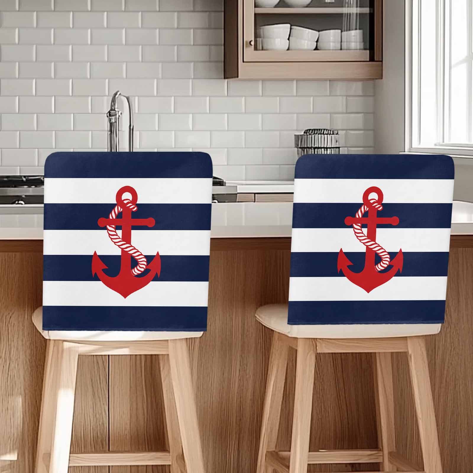 Nautical Anchor Coastal Navy Blue Stripe Chair Covers Set of 6 Chair ...