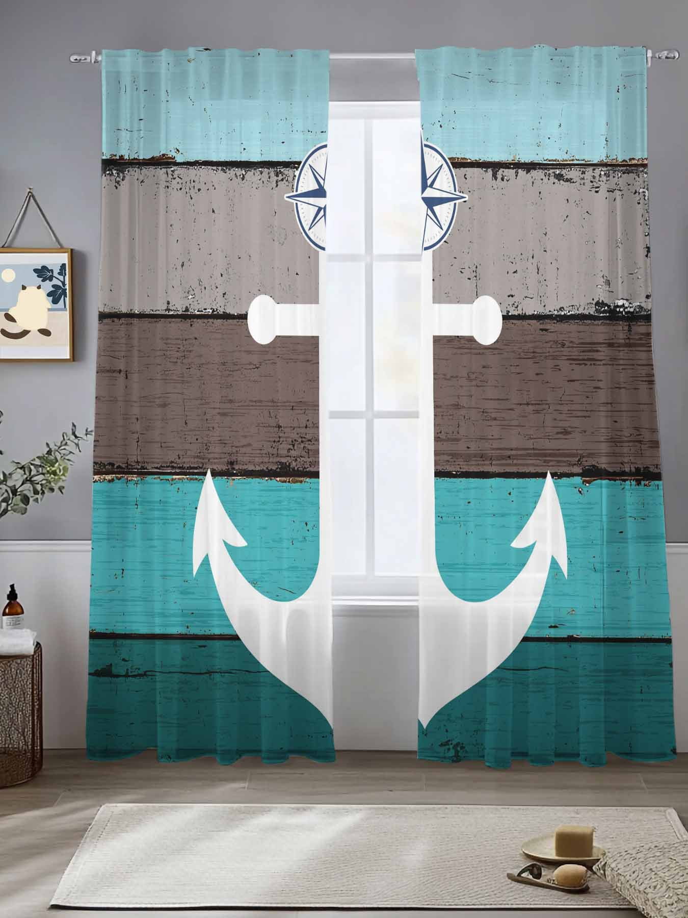 Nautical Anchor Compass Chiffon Sheer Curtains 96 Inches Long, Farm ...