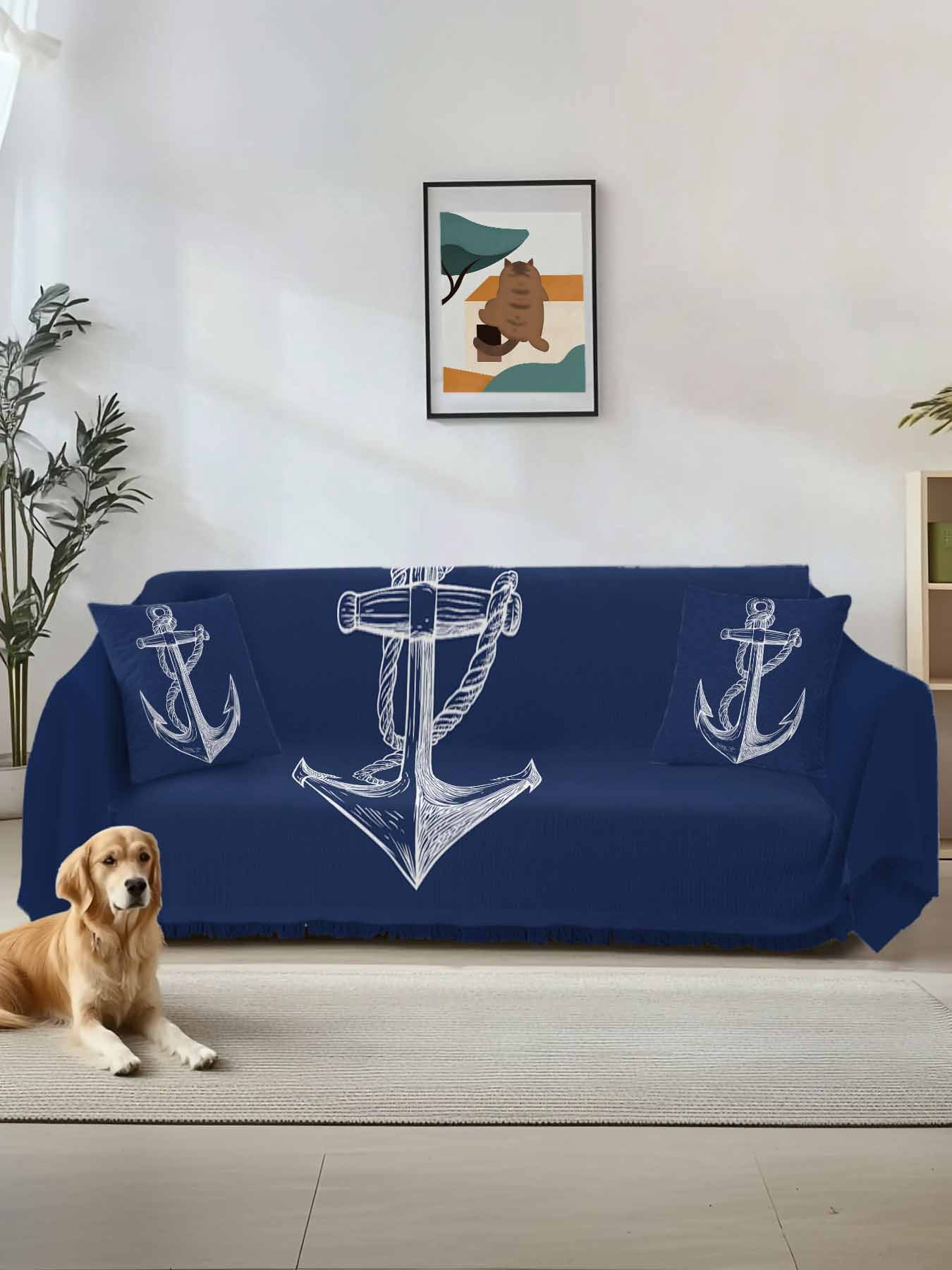 Nautical Anchor Couch Cover for Dogs, Navy Blue Coastal Marine ...