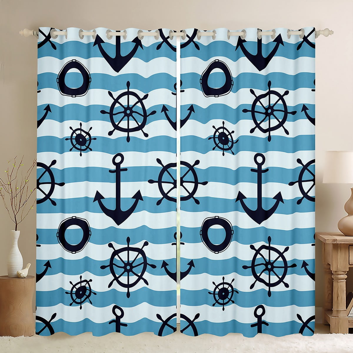 Nautical Anchor Curtains, Navy Blue And White Stripes Blackout Curtains ...