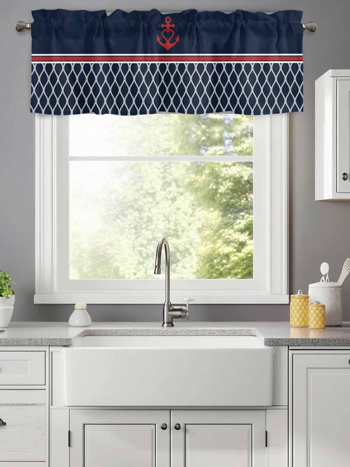Nautical Anchor Dark Blue Lattice Valances for Windows,Rod Pocket ...