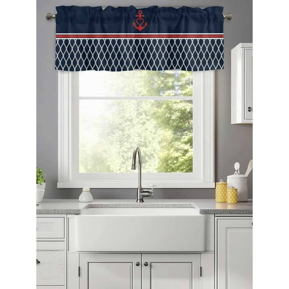 Nautical Anchor Dark Blue Lattice Valances for Windows,Rod Pocket ...