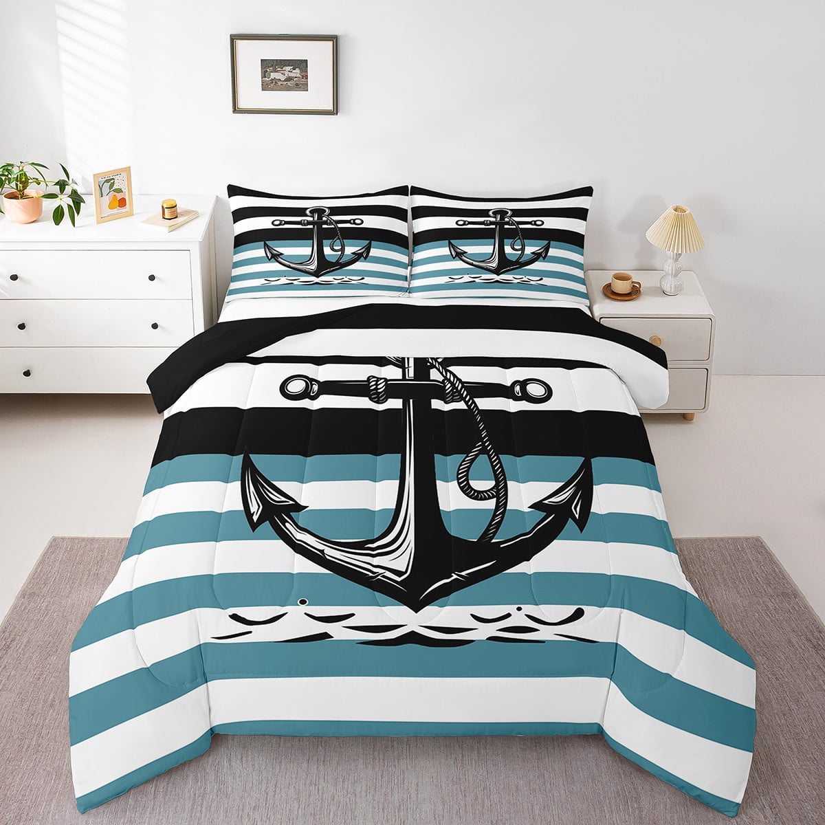 Nautical Anchor Full Comforter Set,Teal Black and White Striped Bedding ...