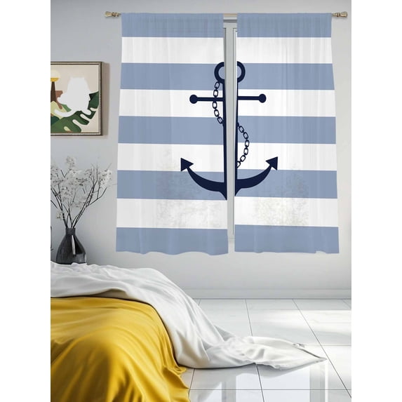 Nautical Anchor Horizontal Stripe Chiffon Sheer Curtains 63 Inches Long ...