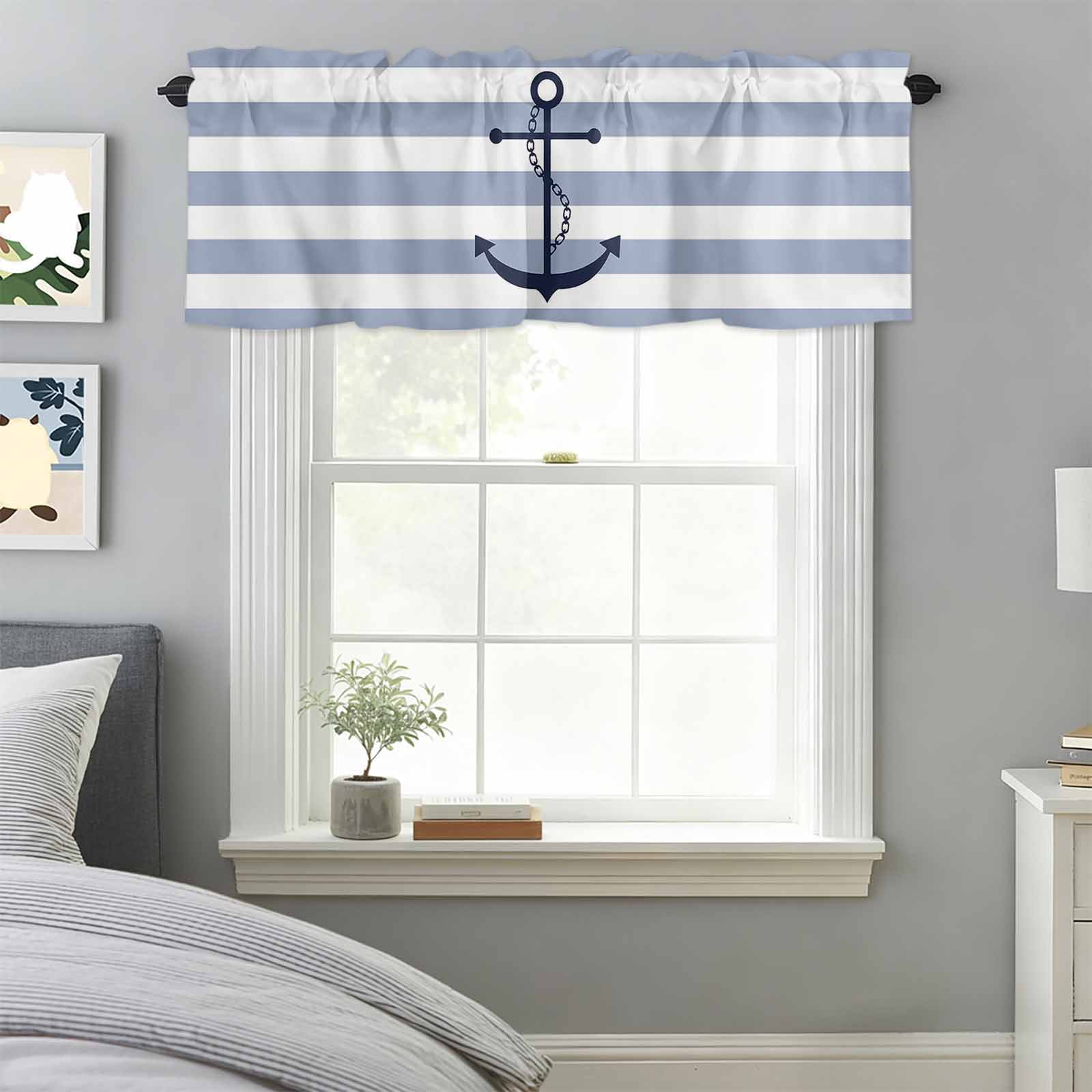Nautical Anchor Horizontal Stripe Valances for Windows,Rod Pocket ...